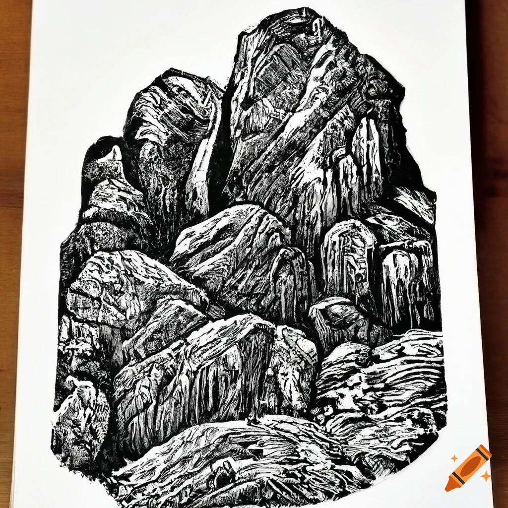 Black and white woodcut print of rocks