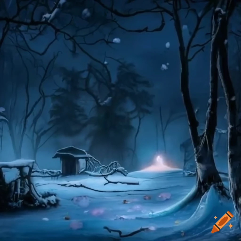 Surreal scene with sparkling snow in a magical park on Craiyon