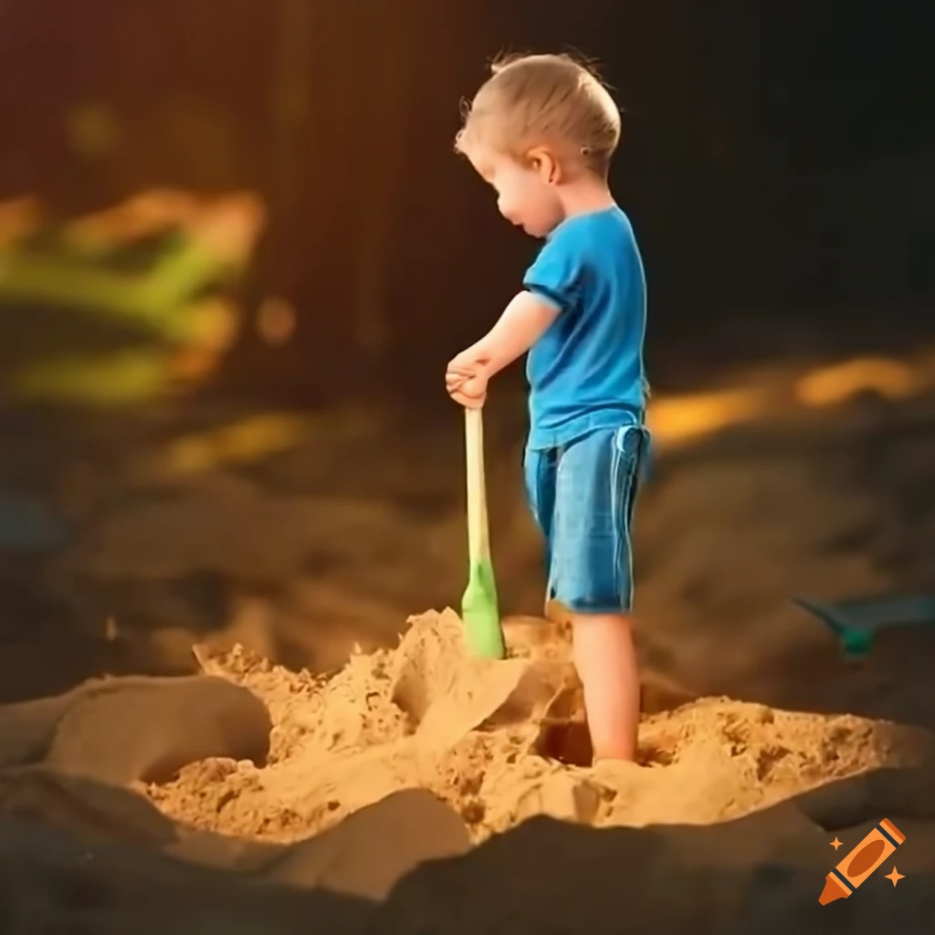Child playing in a sandbox with a shovel on Craiyon