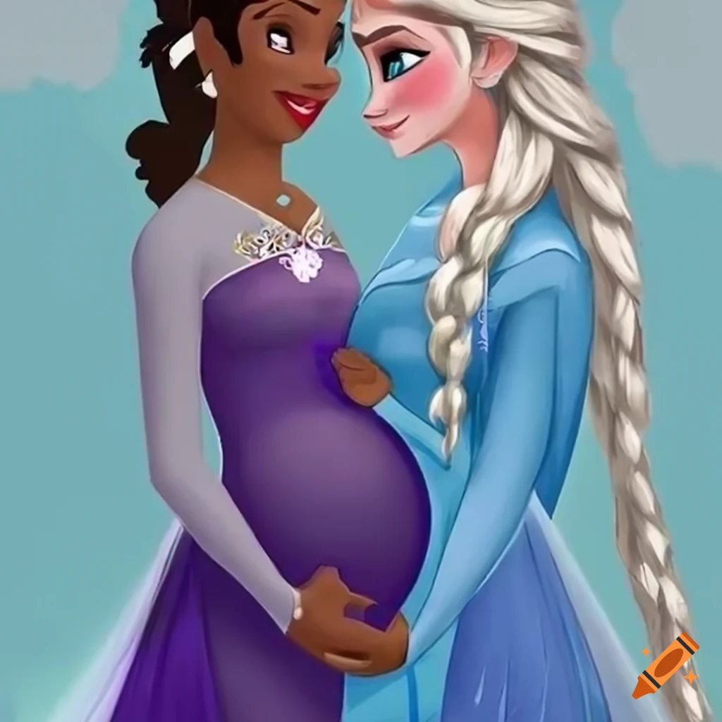 Digital Art Of Queen Elsa And Pregnant Tiana Embracing On Craiyon