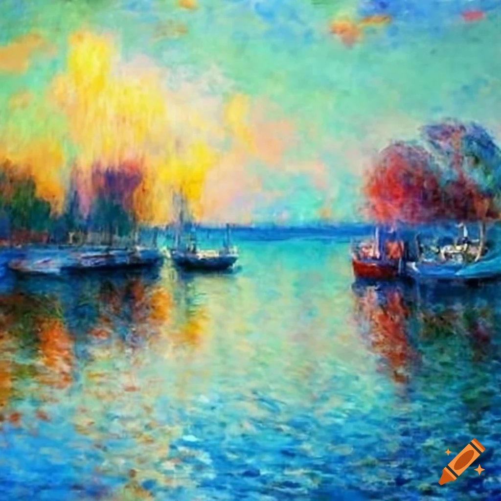 Impressionist painting of a seascape with boats and houses on Craiyon