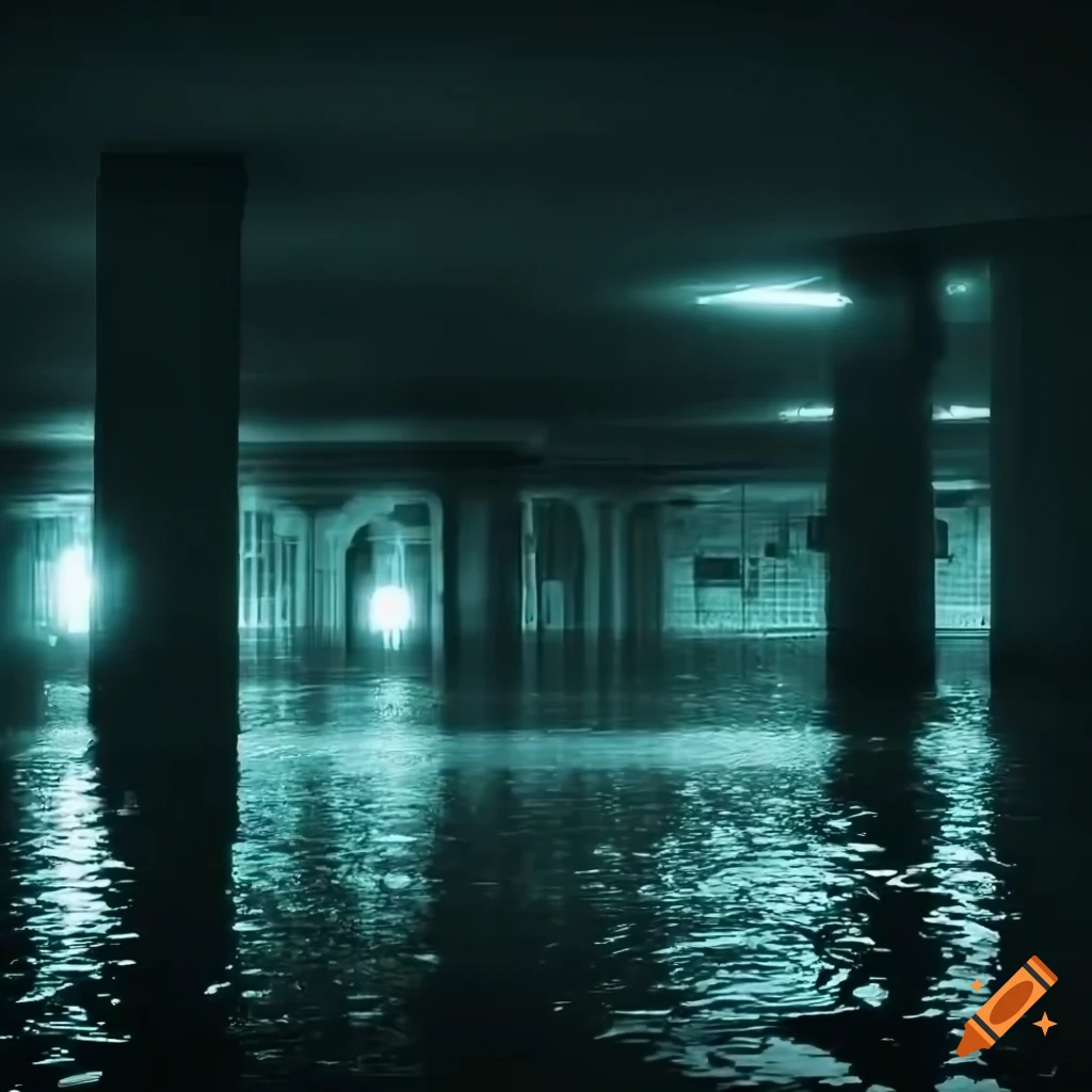 Close-up of flooded corridor with abandoned buildings sinking into ocean in dramatic lighting on ...