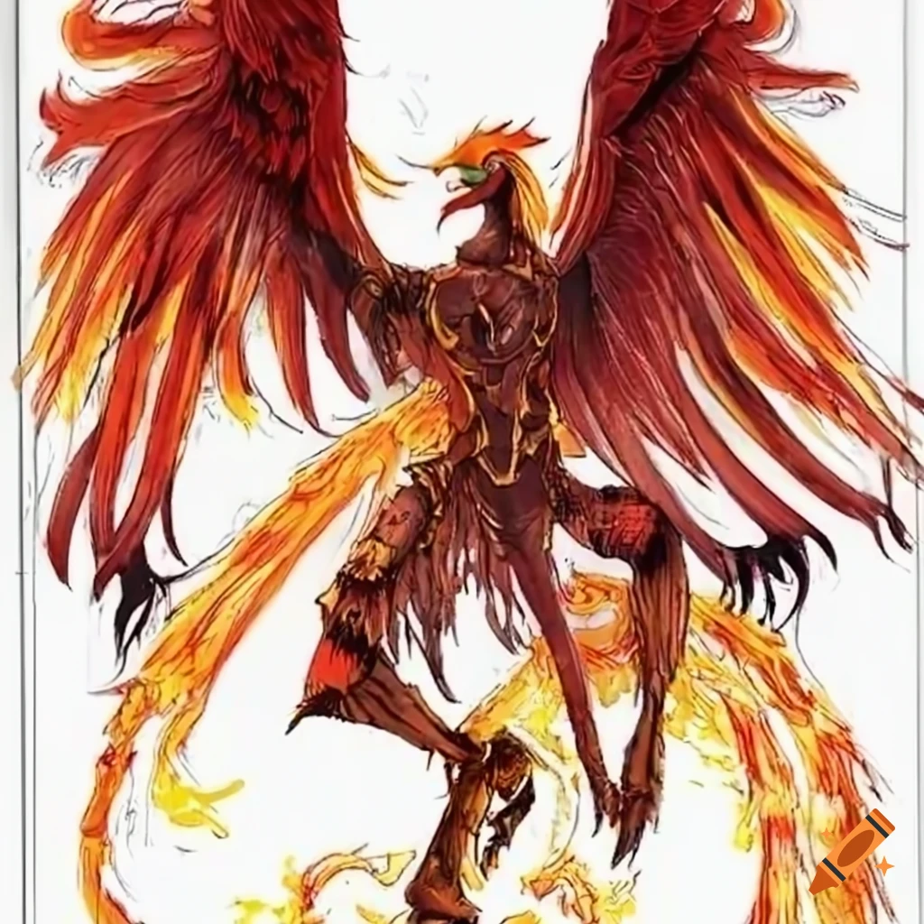 Digital art of a humanoid phoenix in armor
