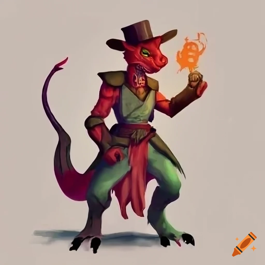 Illustration of a red scaled kobold sorcerer with a top hat on Craiyon