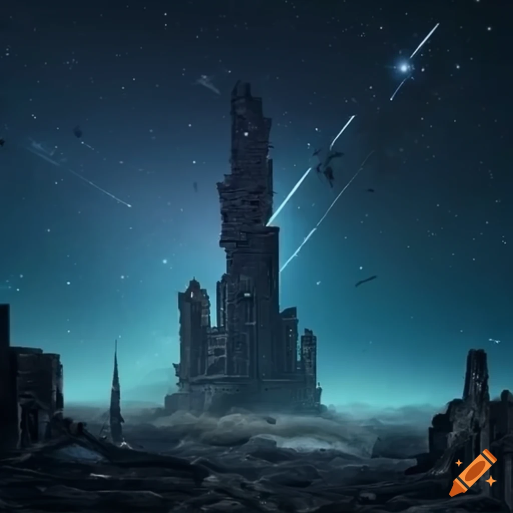 Cityscape with falling stars on ruins on Craiyon