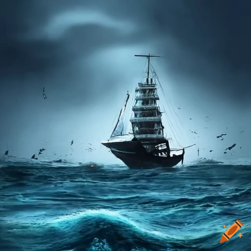 Helmsman navigating a boat in stormy seas on Craiyon