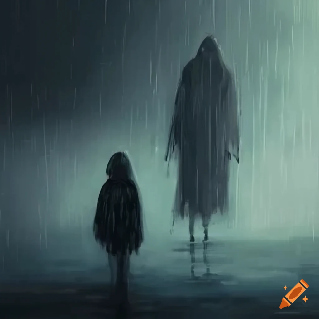 Unsettling painting of a figure in the rain on Craiyon