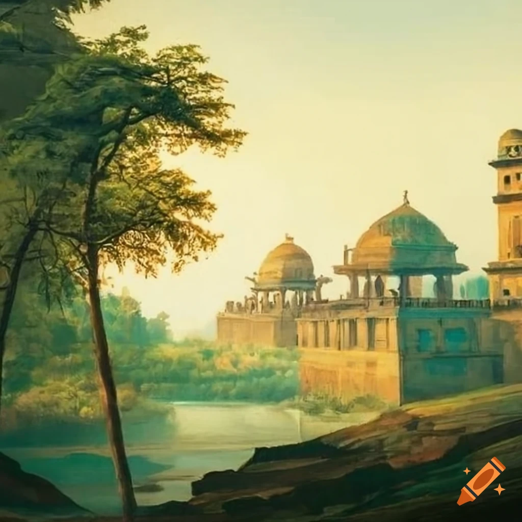 Landscape with Indian buildings and forest on Craiyon