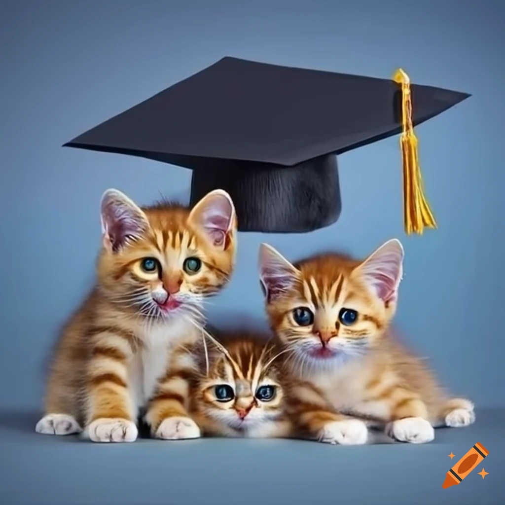 Adorable golden kitten family in graduation caps