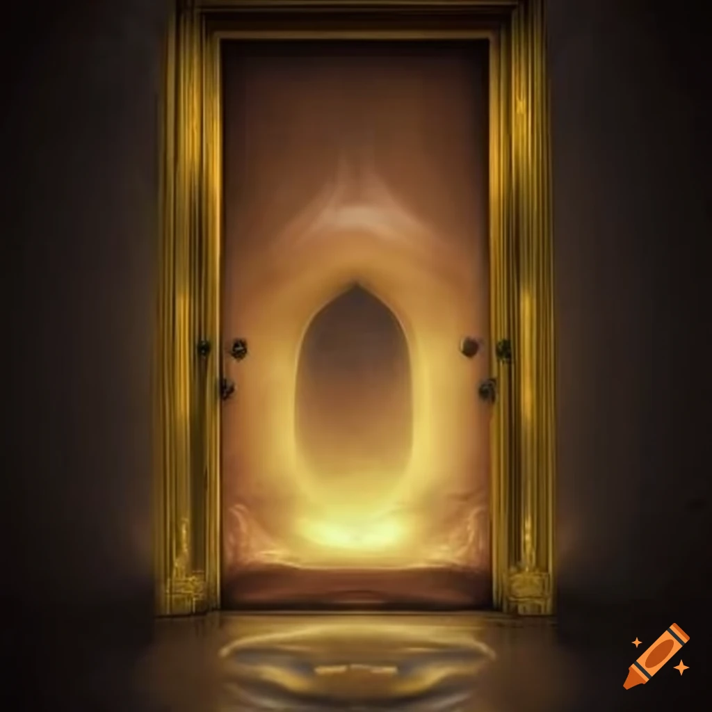 Image of a golden door with swirling dark smoke on Craiyon