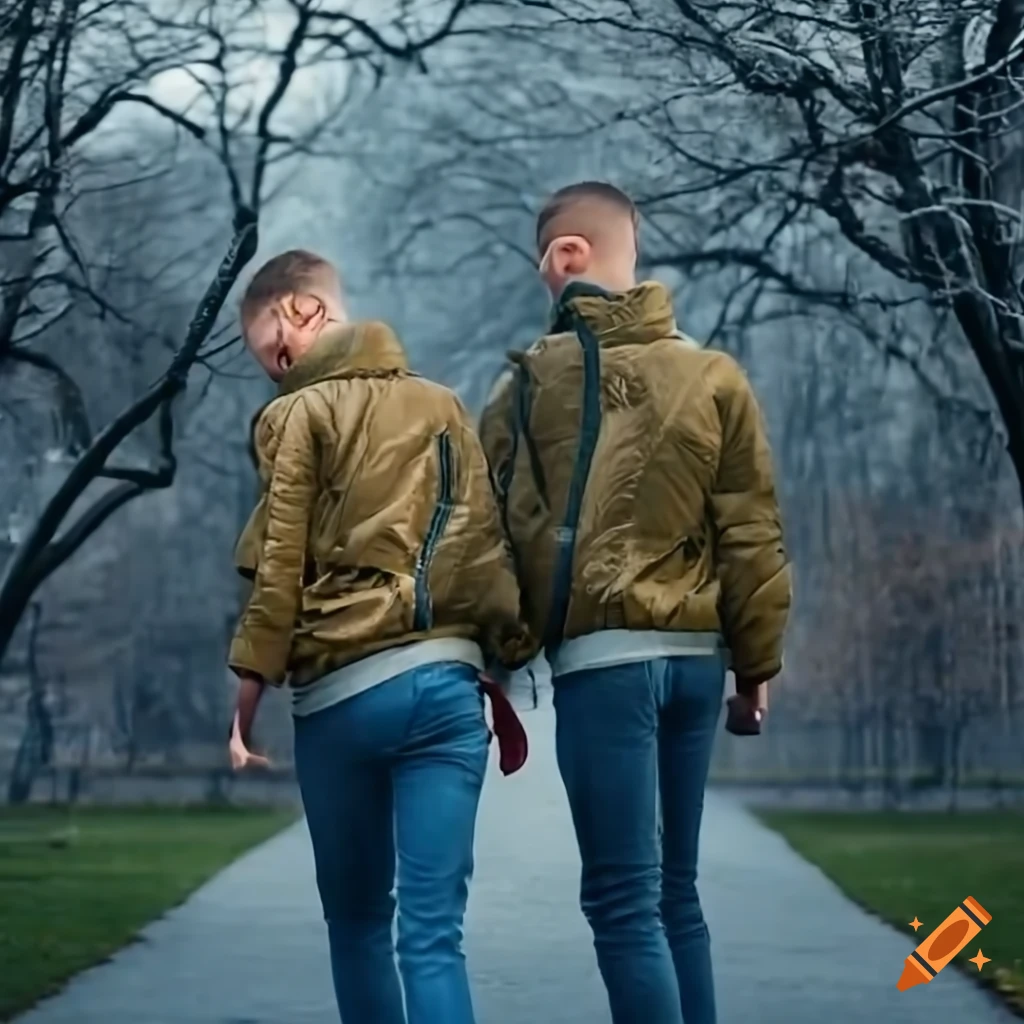 Close-up of two guys in flight jackets laughing in winter gardens on ...