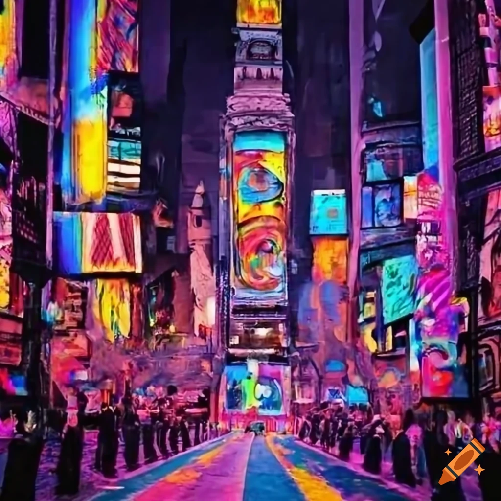 Psychedelic wall in time square at midnight