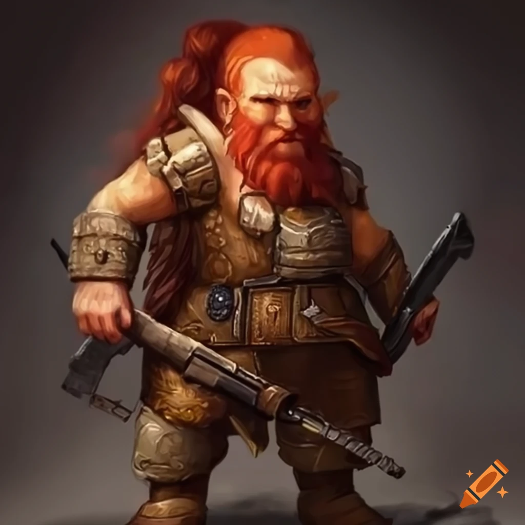 Fantasy illustration of a red-haired dwarf with a rifle on Craiyon