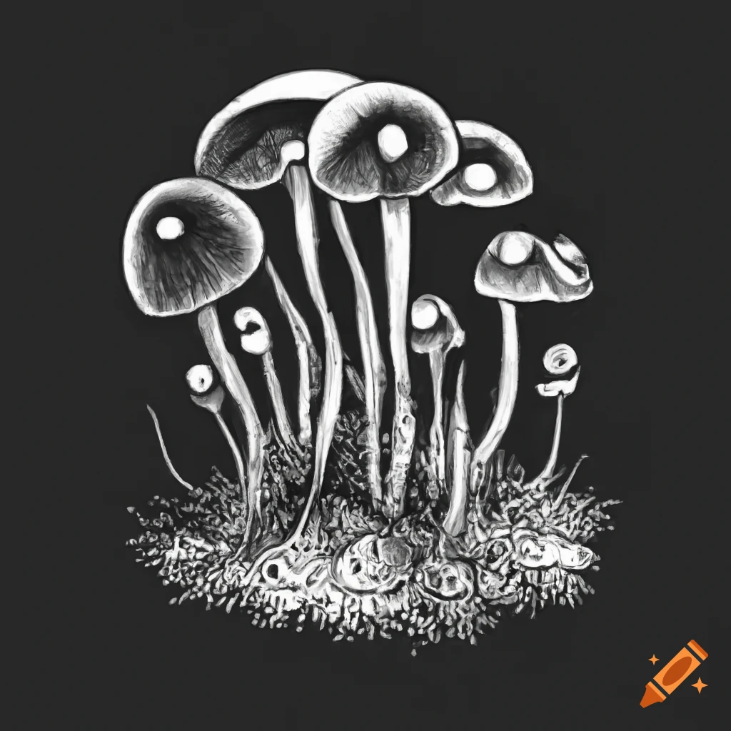 Black and white drawing with a psychedelic theme on Craiyon