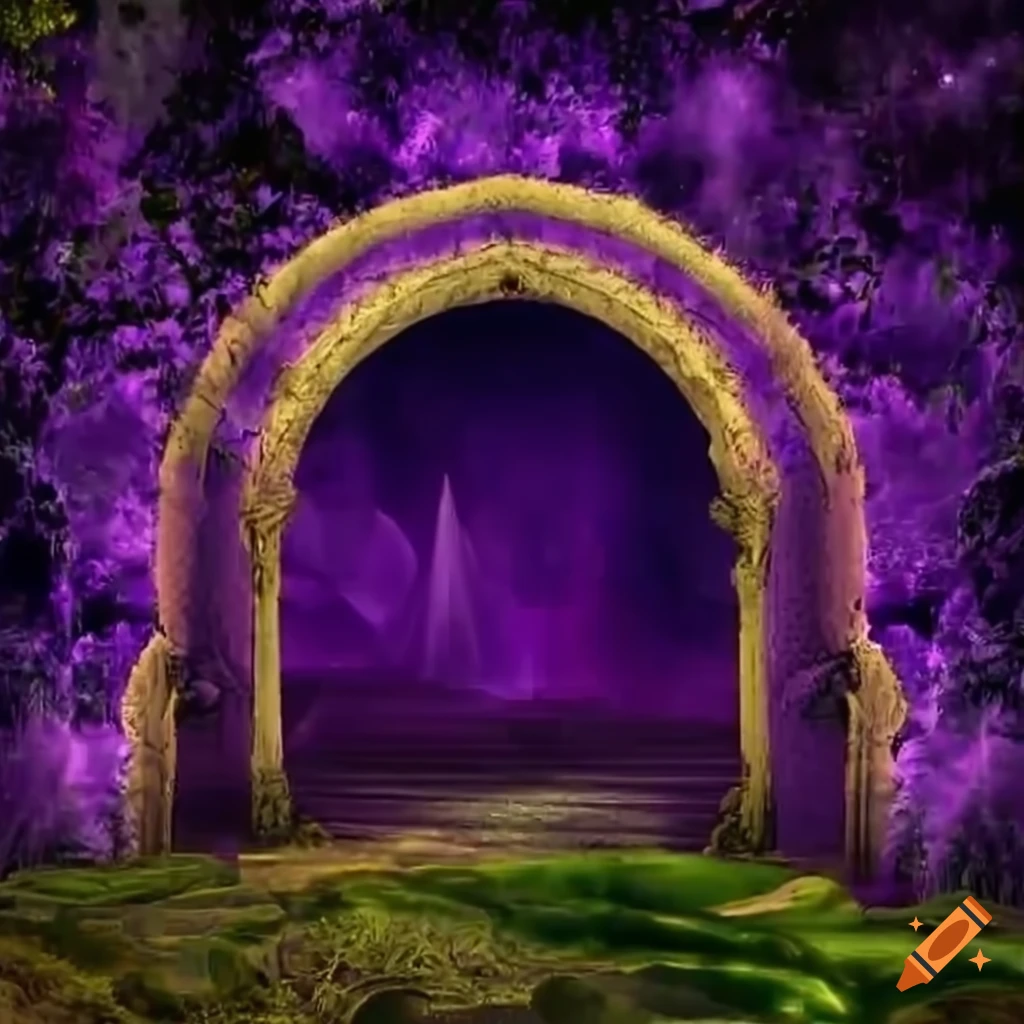 Purple magical forest with a golden arch portal on Craiyon