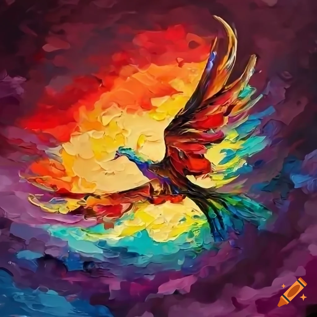 Knife palette painting of a majestic rainbow phoenix
