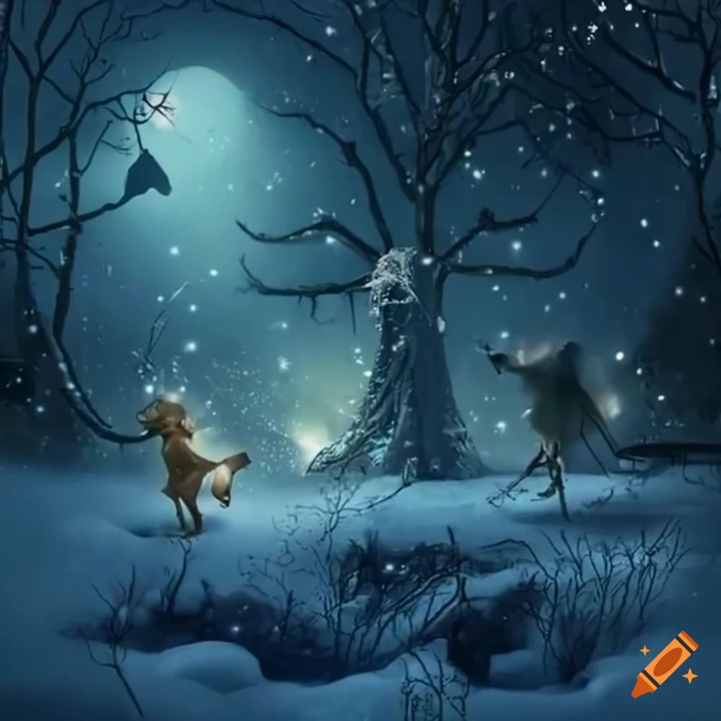 Fantastic snowy scene with sparks and surreal creatures on Craiyon