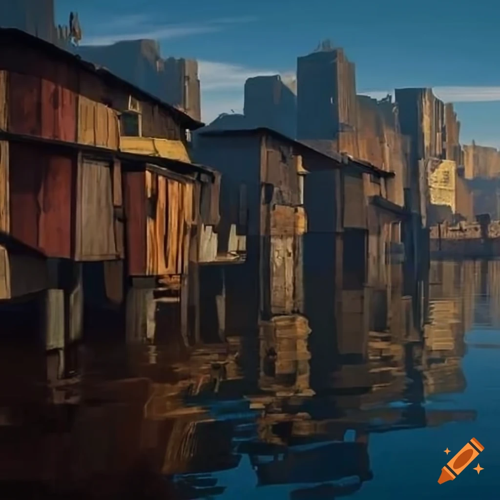 City slums with structures resting on stilts on lake on Craiyon
