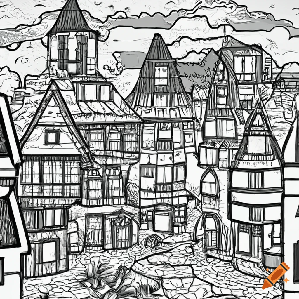 Black and white doodle of a fantasy town on Craiyon