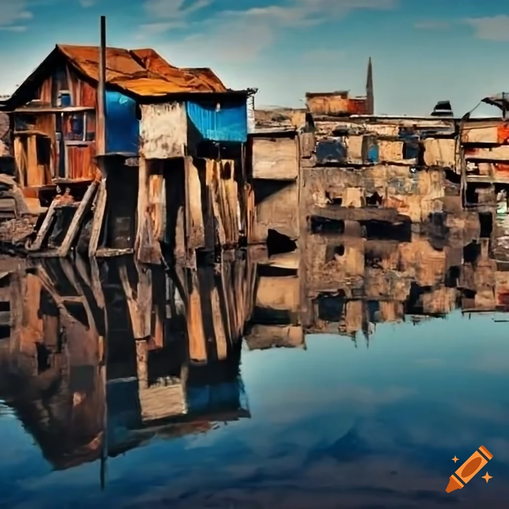 Photograph of city slums on stilts above a lake on Craiyon