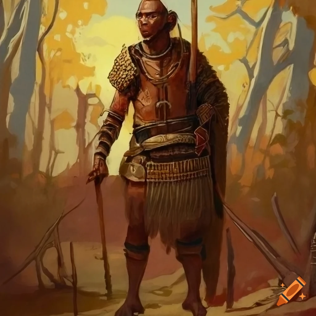 Bushman warrior in angus mcbride style armor on Craiyon