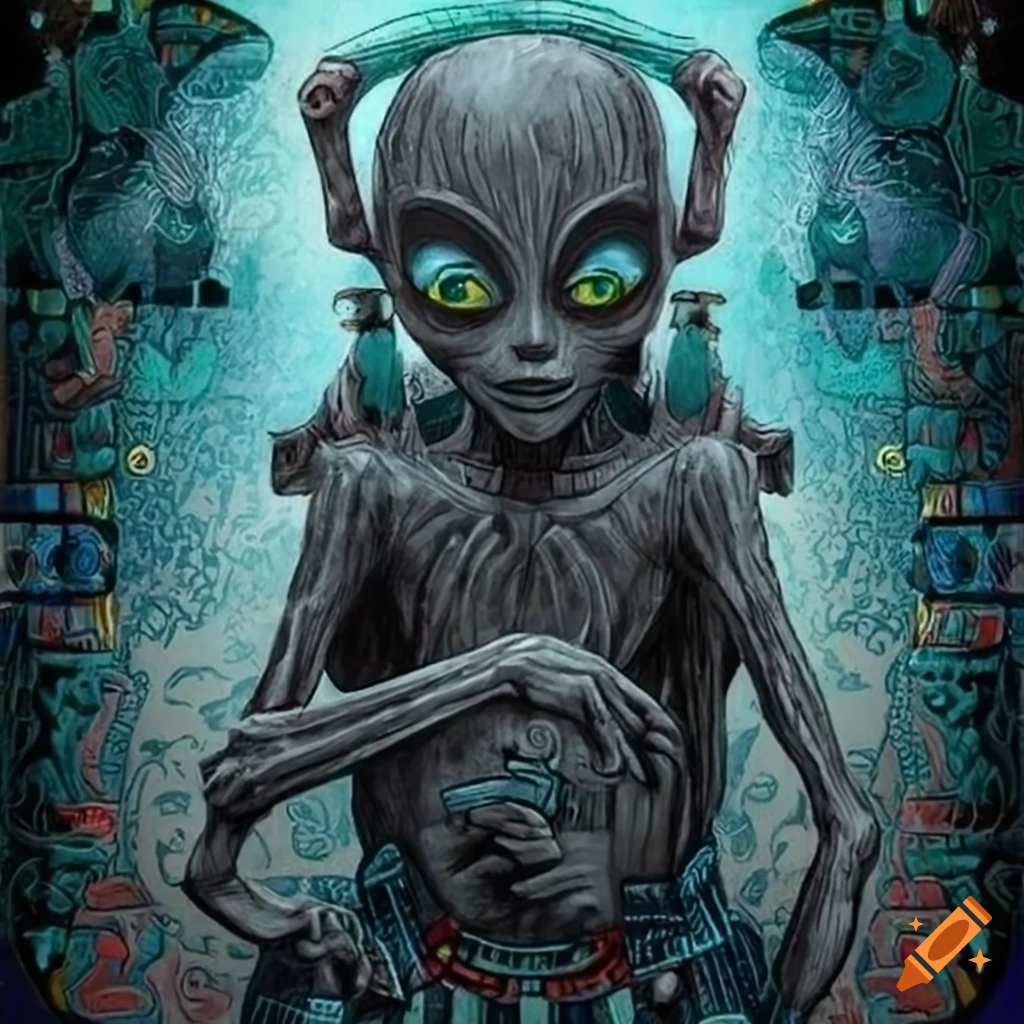 Aztec-Arabian style art of a conversation between a human and a gray ...