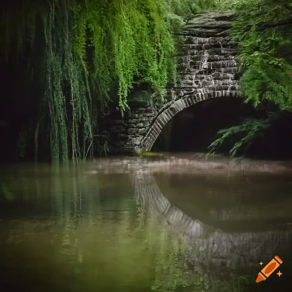 Scenic view of a dark forest with a pond and stone bridge
