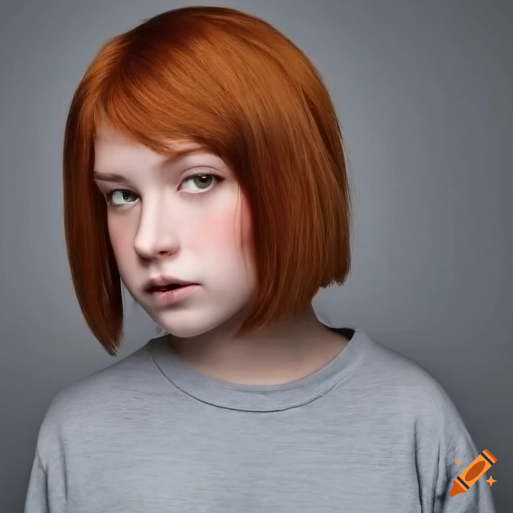 Portrait of a young girl with a ginger pixie haircut on Craiyon