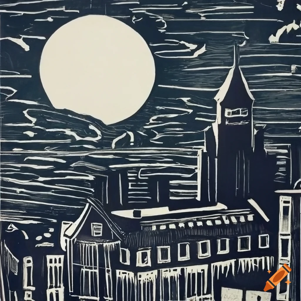Linocut of a cityscape on Craiyon