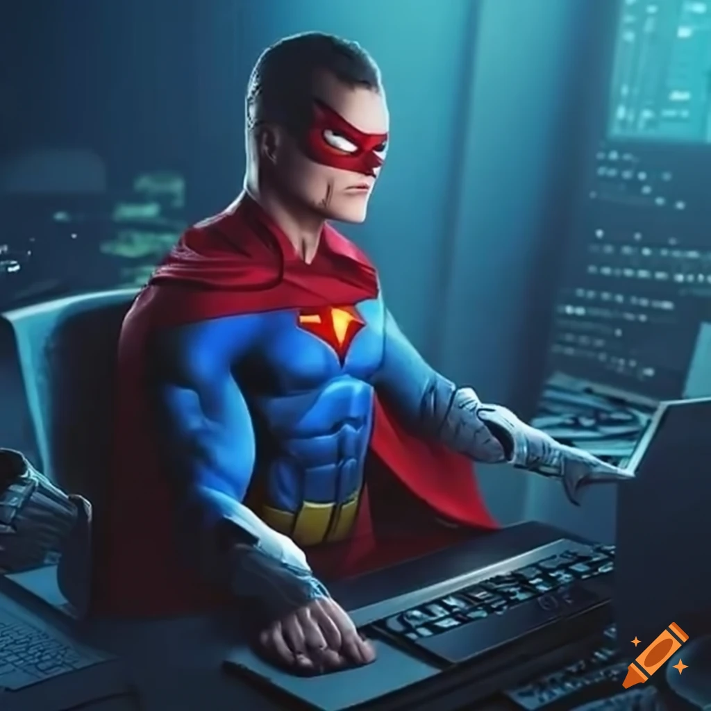 Superhero programmer fighting virtual villains with code on Craiyon