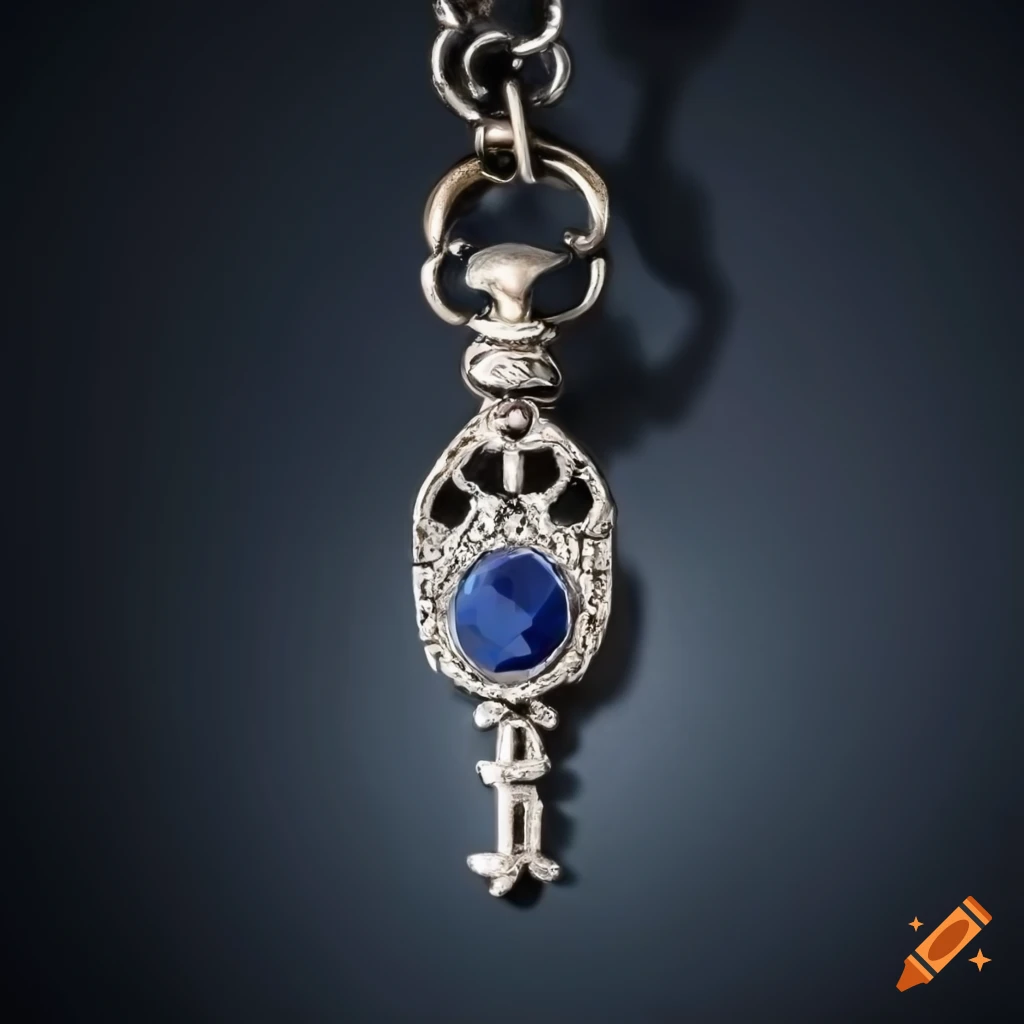 Silver key-shaped amulet with sapphire and intricate patterns on Craiyon