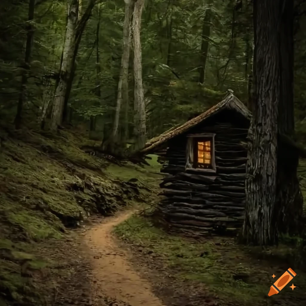 Imagen de terror en un oscuro bosque con una cabaña y un puentecito viejo on Craiyon