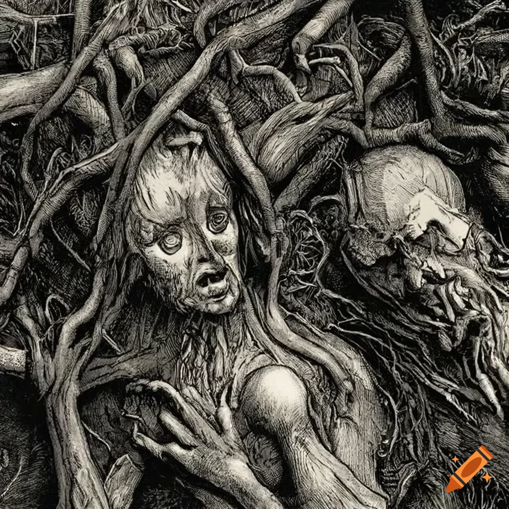 Detailed etching of a battle between beasts and witches on Craiyon