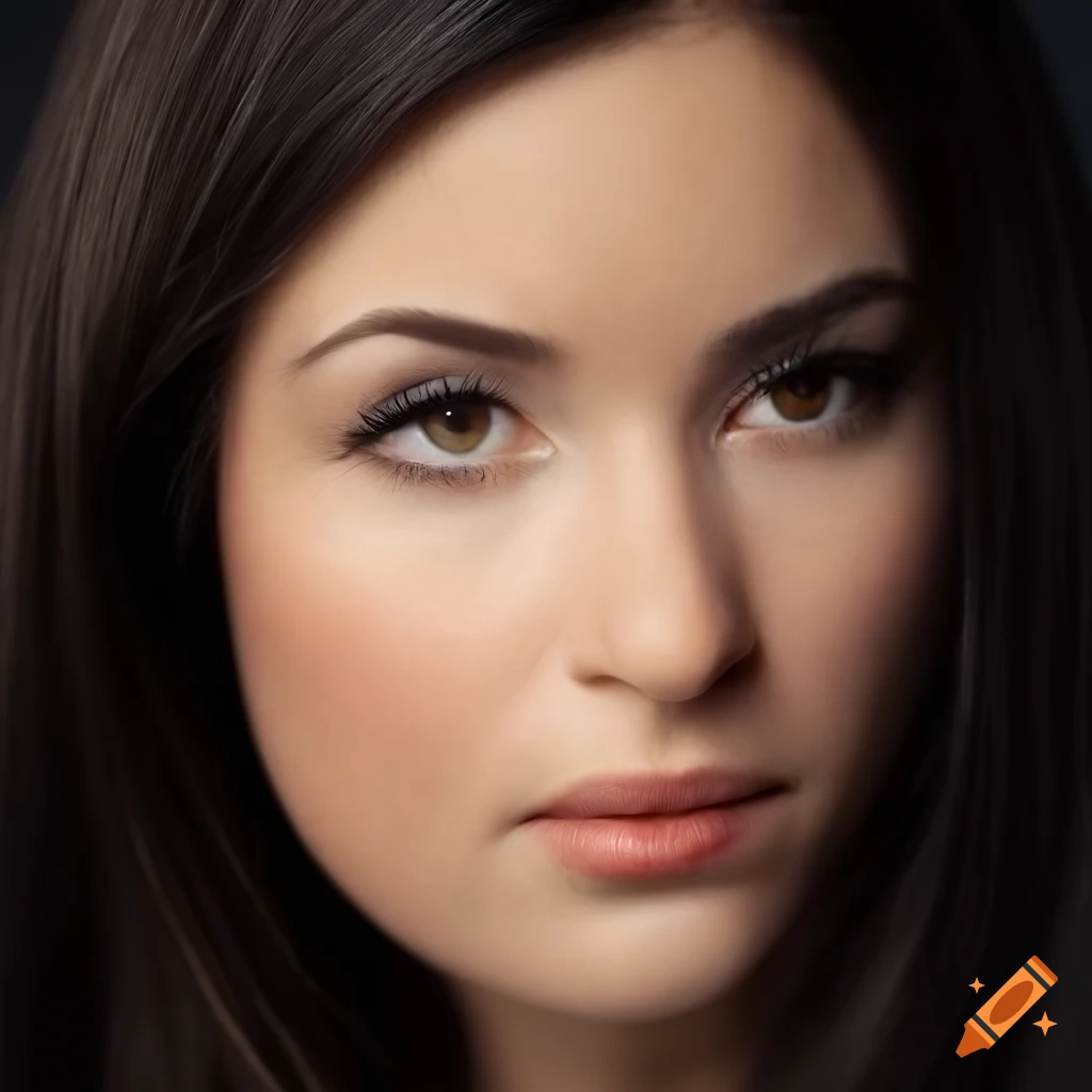 Close up portrait of a young woman with dark hair and eyes on Craiyon