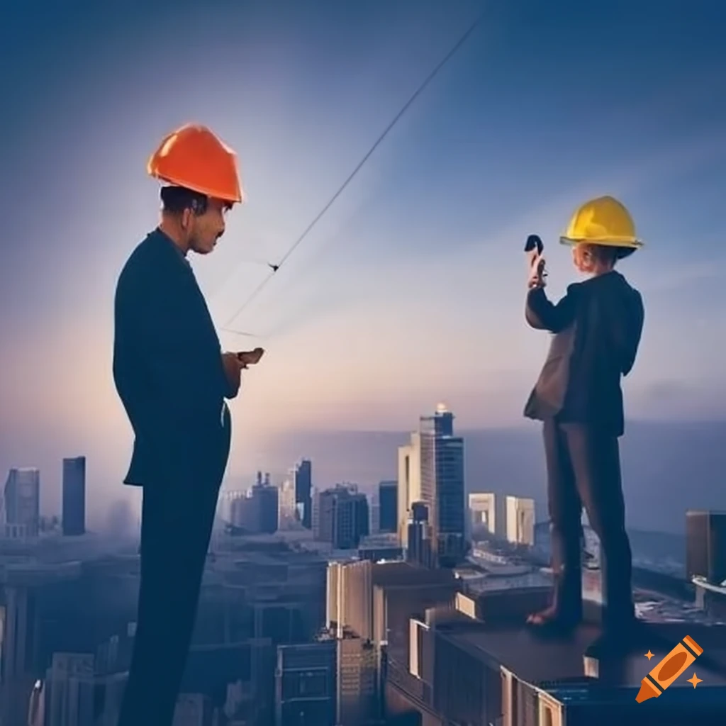 Two civil engineers overlooking the city skyline on Craiyon