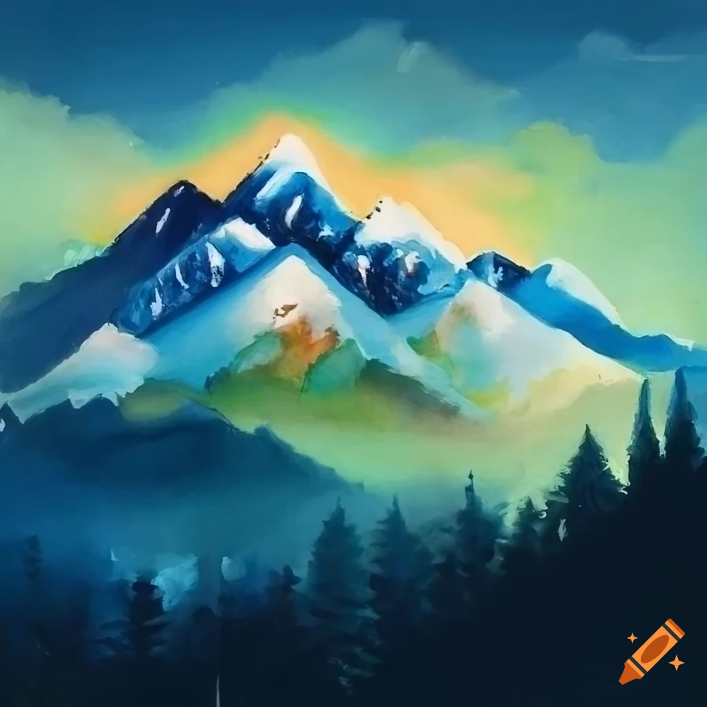 Gouache painting of vibrant mountain scenery on Craiyon