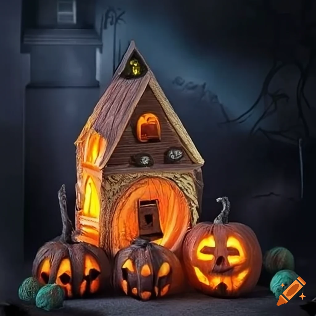 Haunted house with pumpkins in front on Craiyon