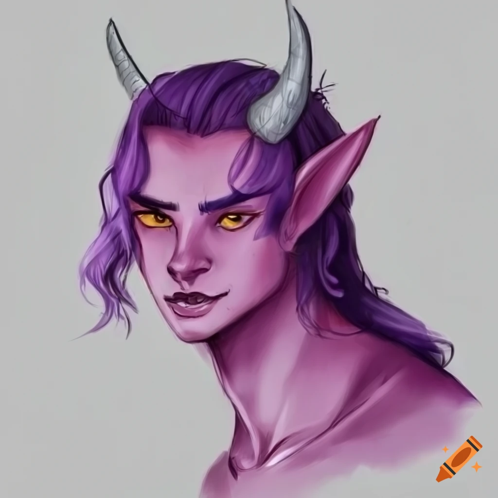 Illustration of a ruby-skinned male tiefling with yellow eyes on Craiyon