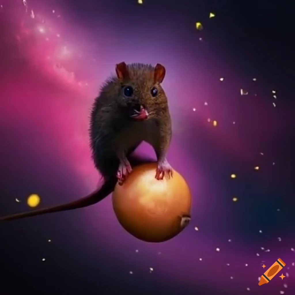 Ilustración de una rata flotando con una cebolla en el cosmos on Craiyon