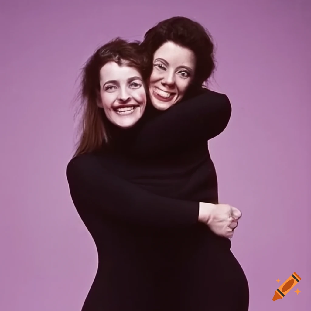 Promotional photo of two women instructors hugging in black turtlenecks ...