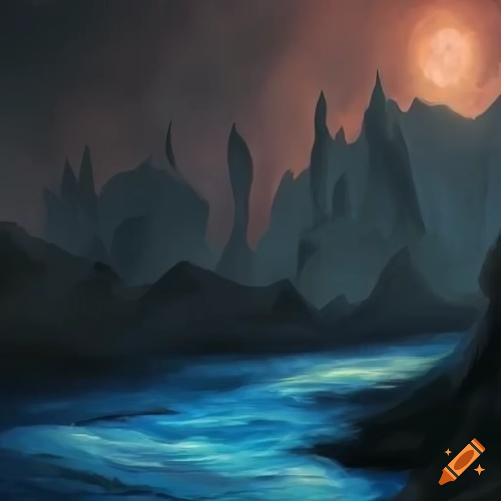 Drawing of a dark tropical landscape on titan, moon of saturn on Craiyon