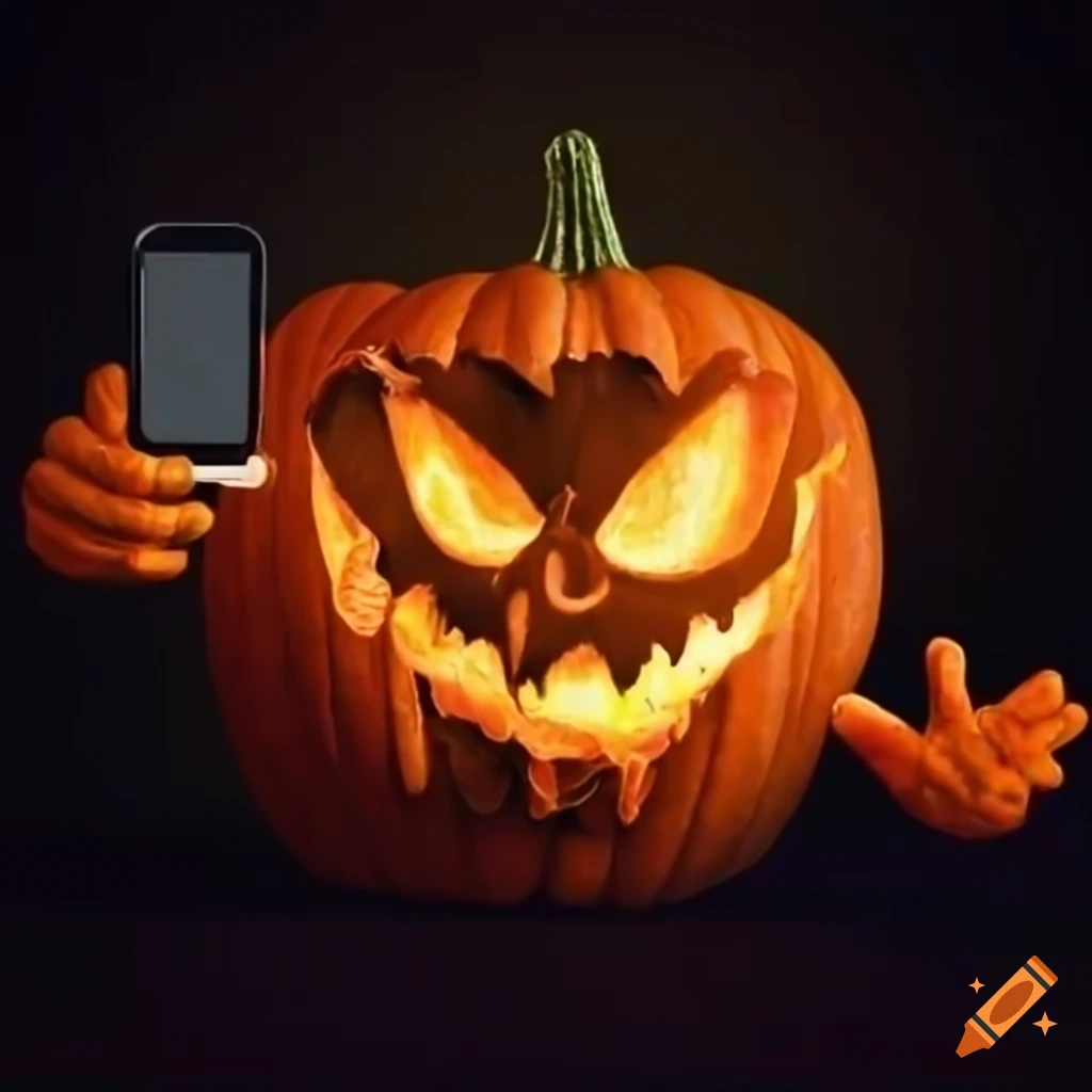 Funny pumpkin with smartphone