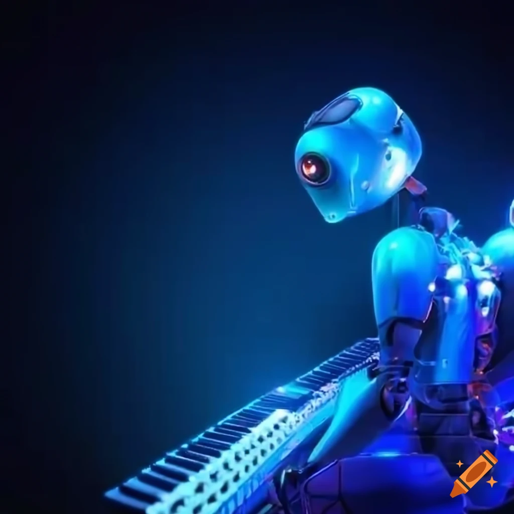 Futuristic robot playing keyboard synth on stage on Craiyon
