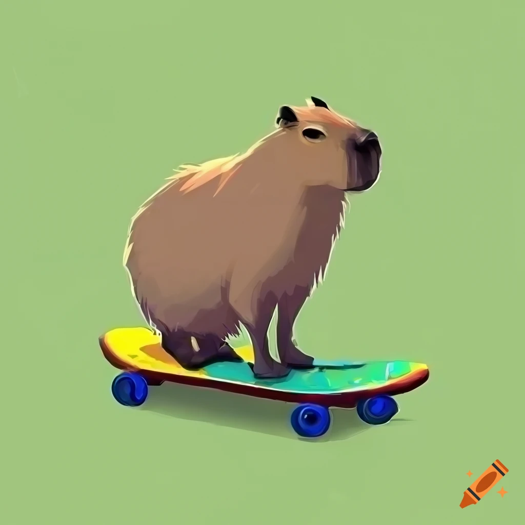 Digital painting of a capybara skateboarding