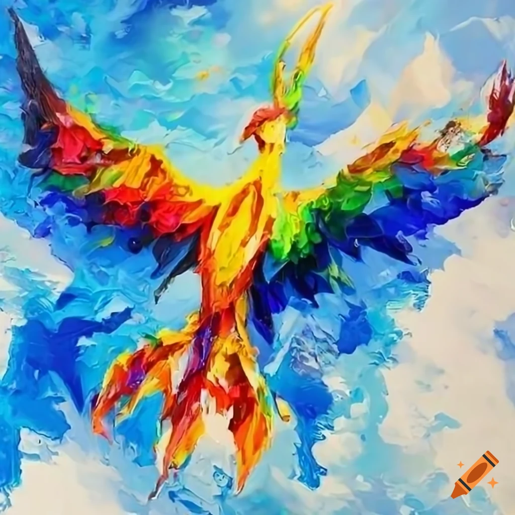 Painting of a rainbow Phoenix flying in the mountains on Craiyon