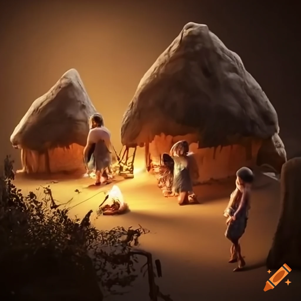 Busy stone age scene on Craiyon