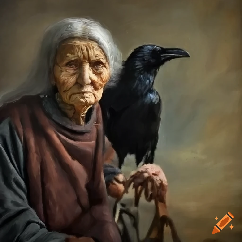 Portrait of an old woman with a black raven on Craiyon