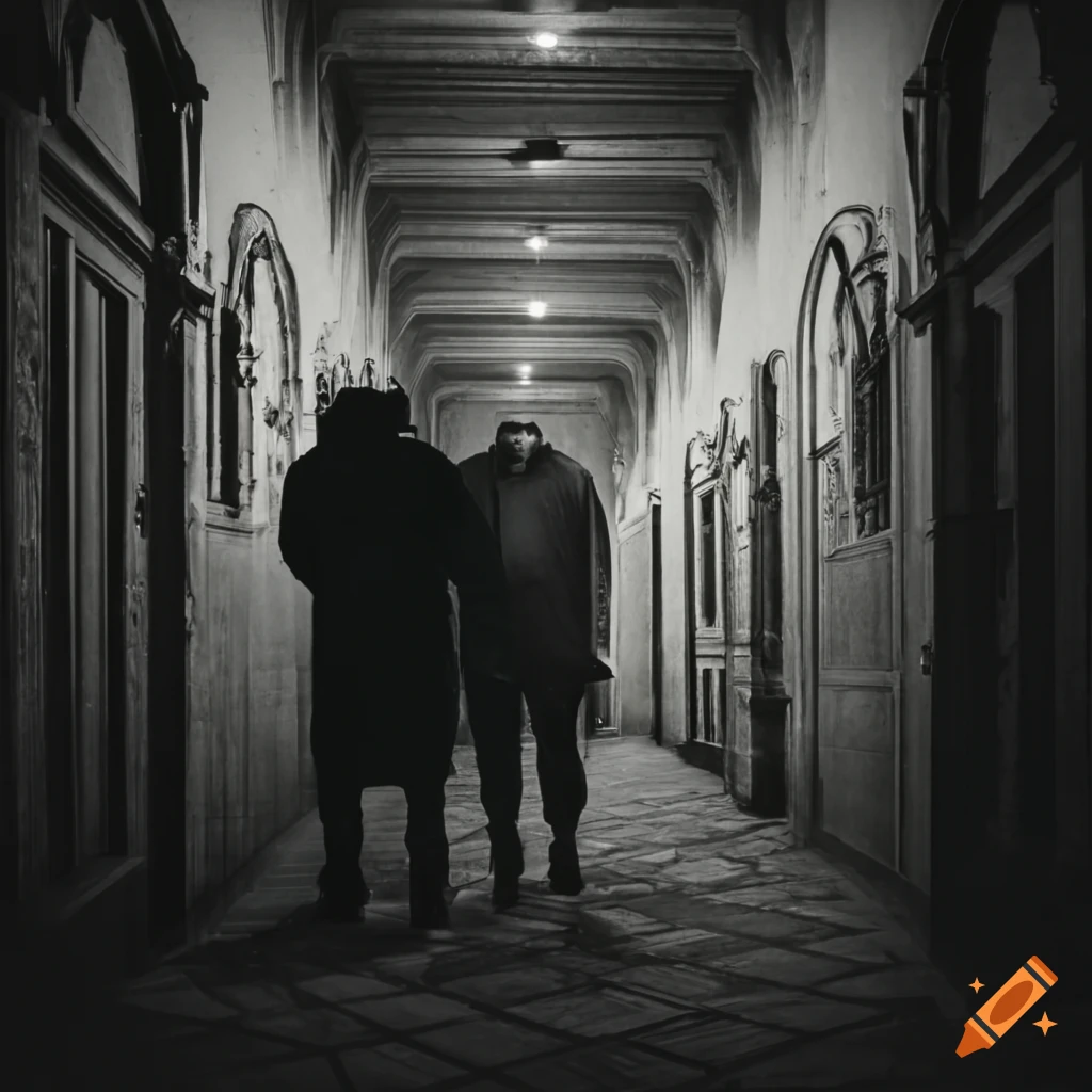 Image of two men in a spooky hallway on Craiyon
