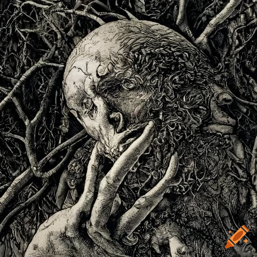 Intricate etching engraving of forest spirits embracing in a birch ...