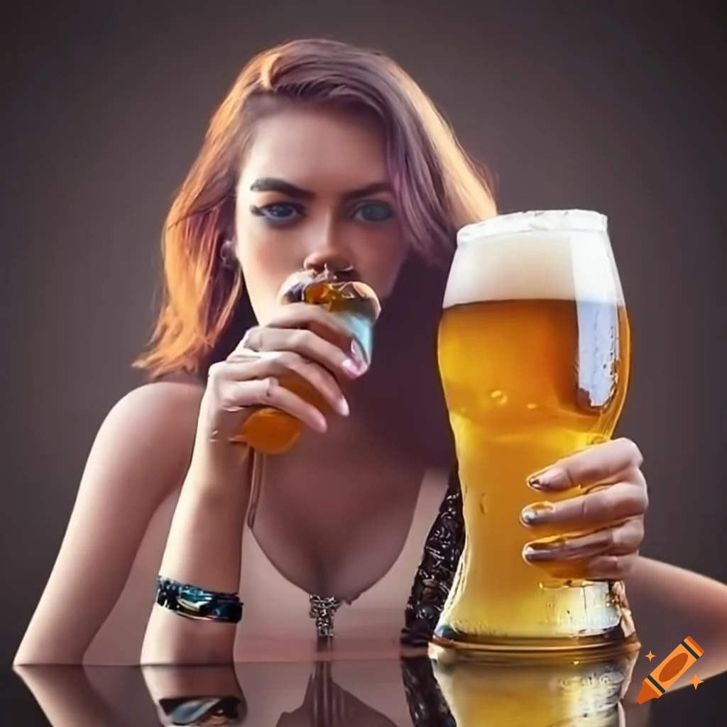 Woman enjoying a cold beer at the bar on Craiyon